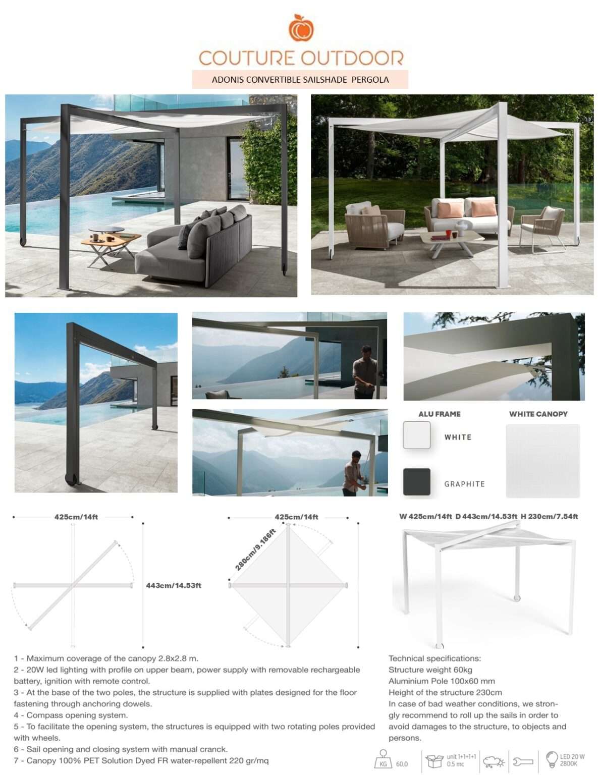 Adonis Convertible Sail Shade Pergola | Retractable Shade Sail